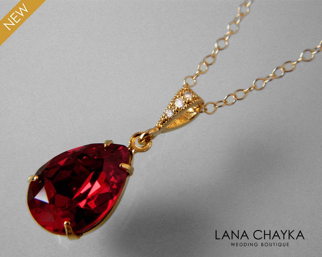 Red Crystal Gold Necklace, Dark Red Siam Teardrop Necklace, Red Crystal ...