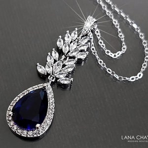 Navy Blue Crystal Wedding Necklace, Sapphire Blue Teardrop Pendant ...