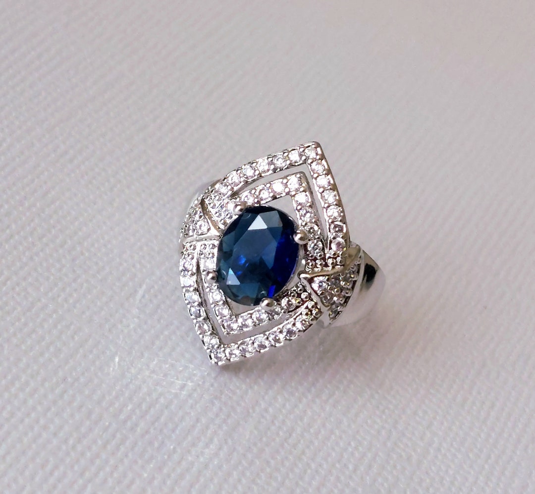 Navy Blue Crystal Ring, Dark Blue Cocktail Ring, Navy Blue Silver ...