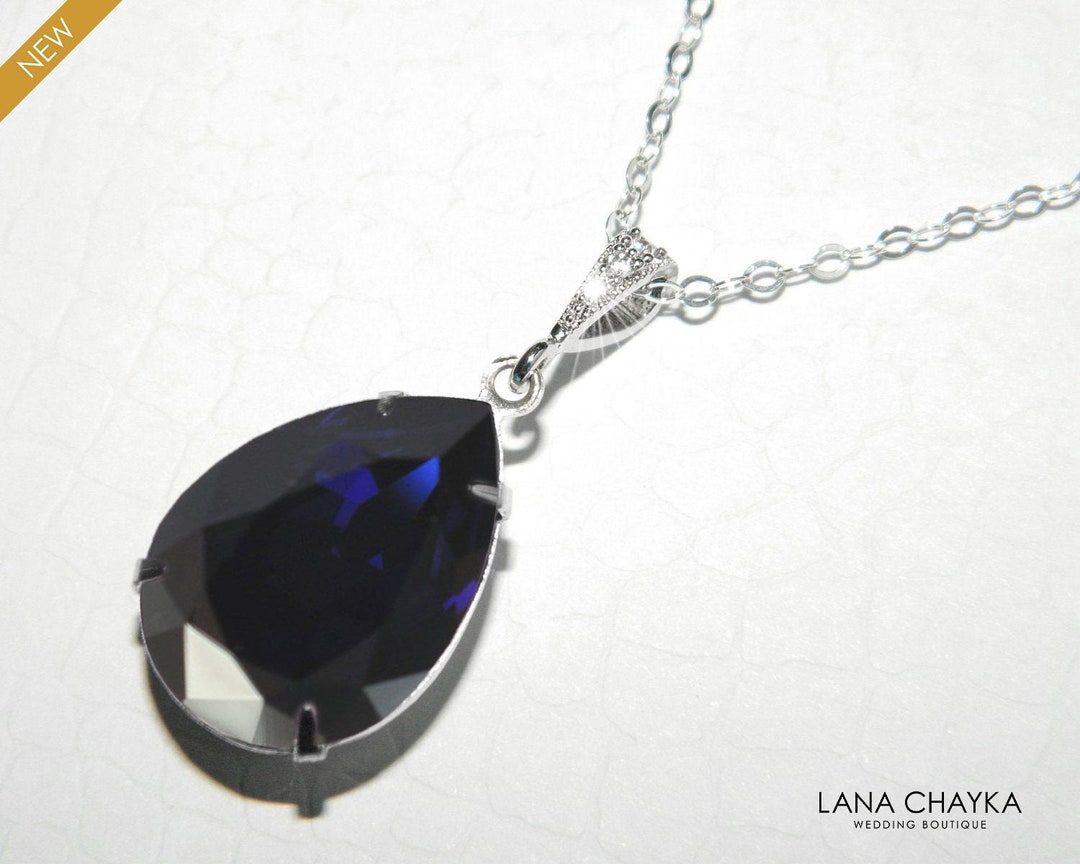 Navy Blue Crystal Necklace, Dark Indigo Teardrop Pendant, Dark Blue ...
