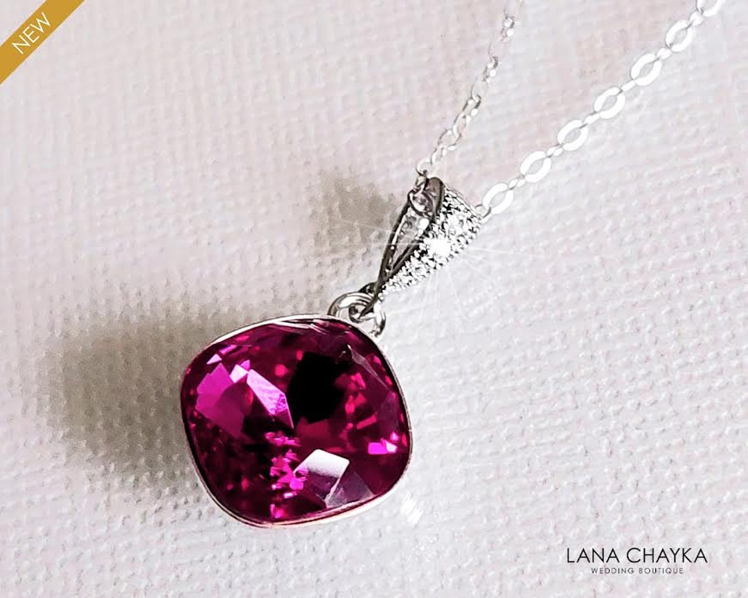 Fuchsia Crystal Necklace, Hot Pink Square Silver Pendant, Dark Pink ...