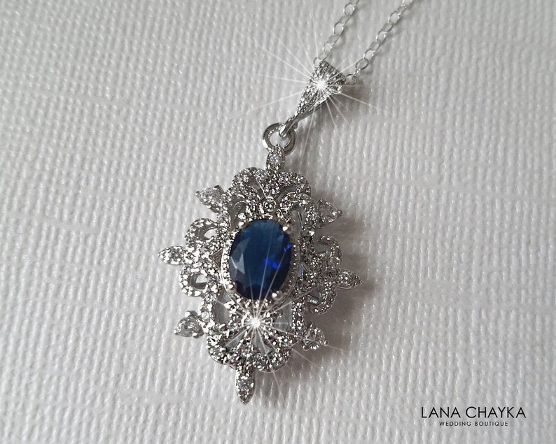 Navy Blue Crystal Necklace Sapphire Crystal Necklace Wedding - Etsy