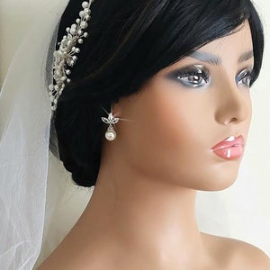 Pearl Cubic Zirconia Bridal Earrings, Ivory Pearl Crystal Earrings ...