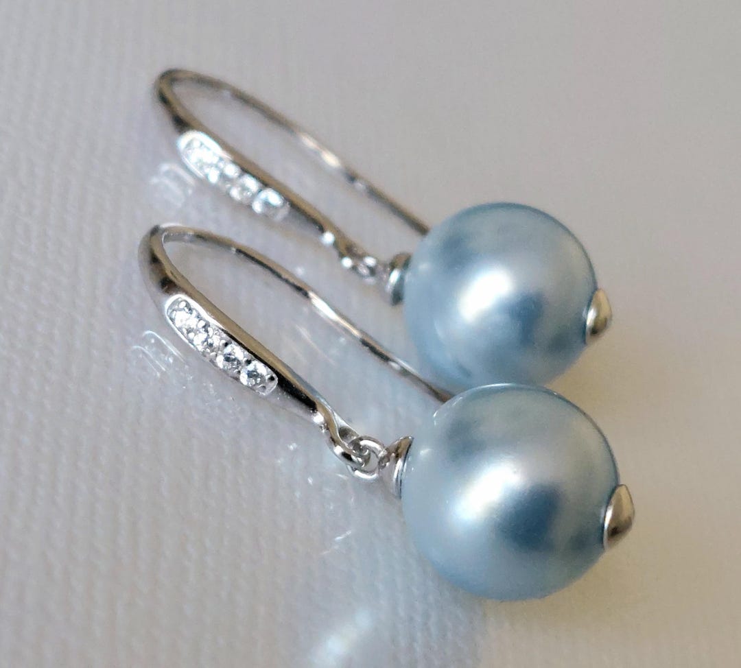 Blush Blue Pearl Drop 925 Sterling Silver Wedding Earrings: 1" Light ...