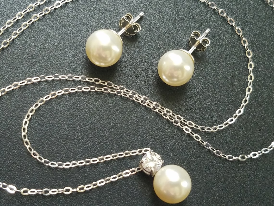 Pearl Sterling Silver Jewelry Set Swarovski Ivory Pearl | Etsy