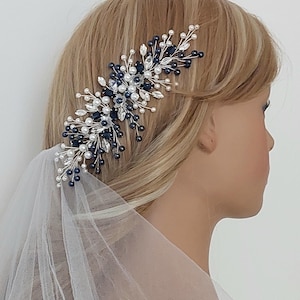 Navy Blue White Pearl Hair Comb, Bridal Side Hair Comb, Blue White ...