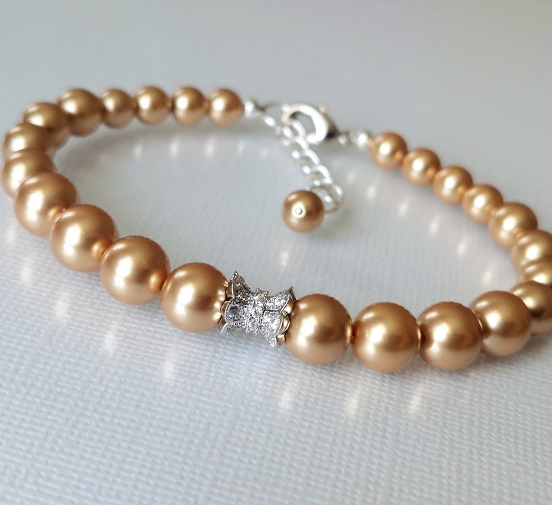 Gold Pearl Bracelet, Gold Pearl Wedding Bracelet, Bright Gold Pearl ...