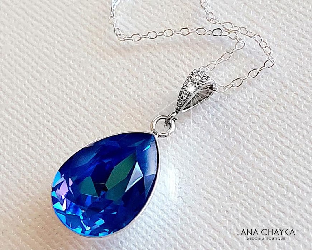 Blue Crystal Necklace, Royal Blue Wedding Necklace, Blue Silver ...