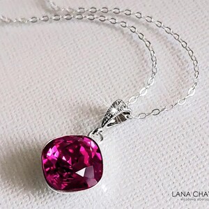 Fuchsia Crystal Necklace, Hot Pink Square Silver Pendant, Dark Pink ...