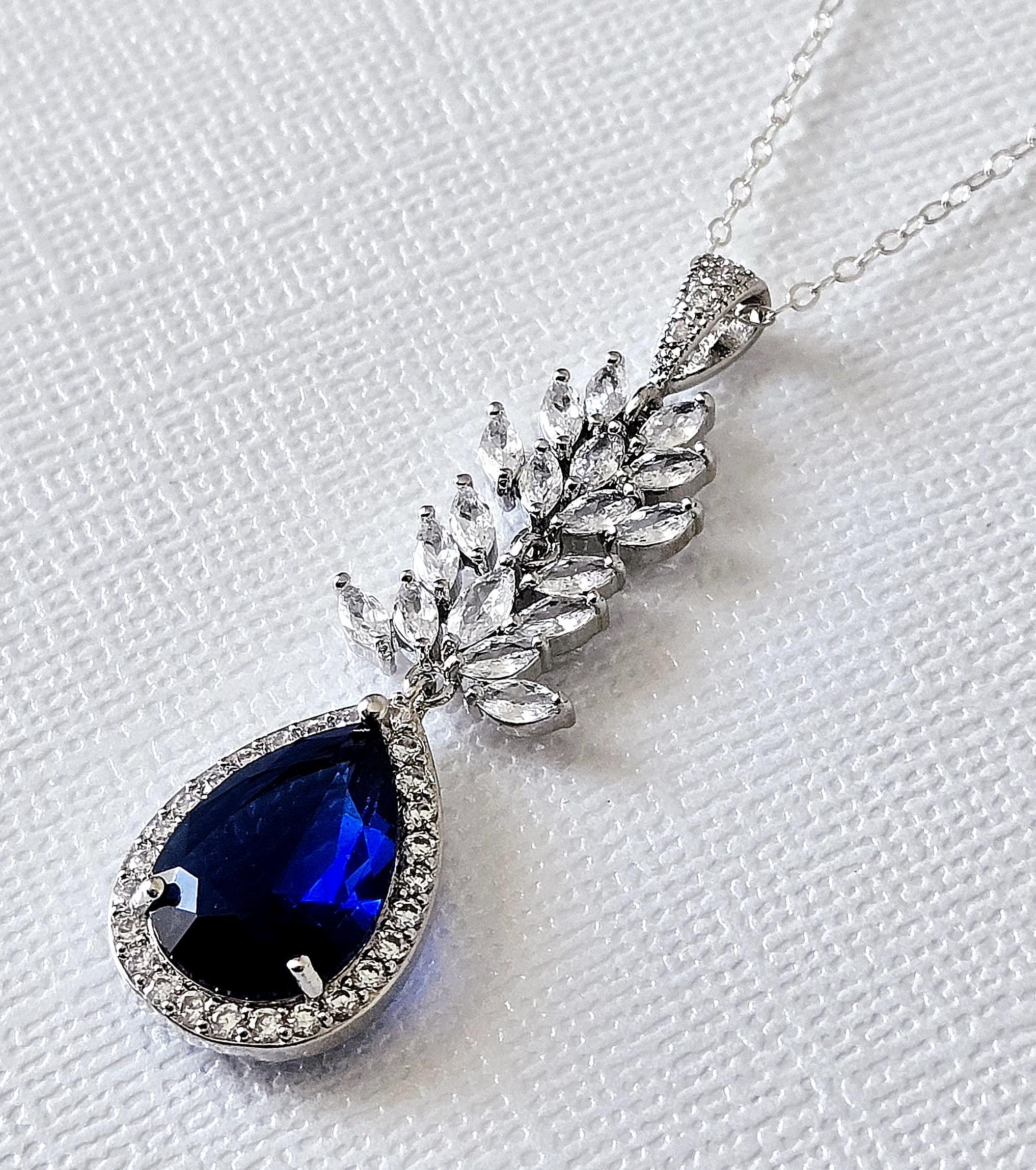 Navy Blue Crystal CZ Teardrop Wedding Necklace, Sapphire Silver Bridal ...