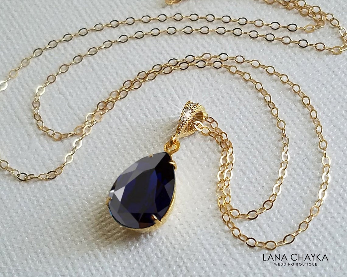 Navy Blue Gold Crystal Necklace Dark Indigo Gold Teardrop - Etsy