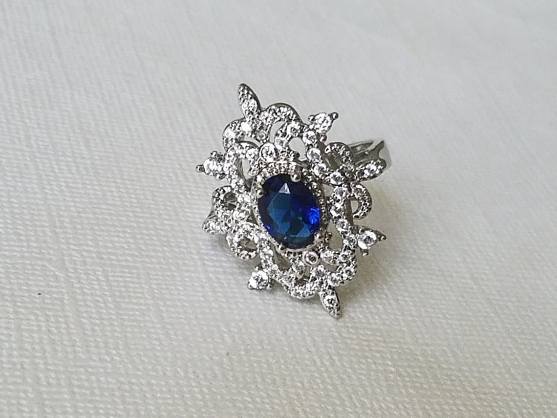 Navy Blue Cubic Zirconia Ring Rhodium Plated Dark Blue - Etsy