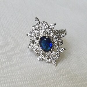 Navy Blue Cubic Zirconia Ring, Rhodium Plated Dark Blue Cocktail Ring ...