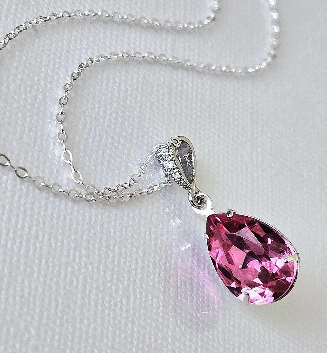 Rose Pink Crystal Teardrop Silver Bridesmaid Necklace, Pink Wedding ...