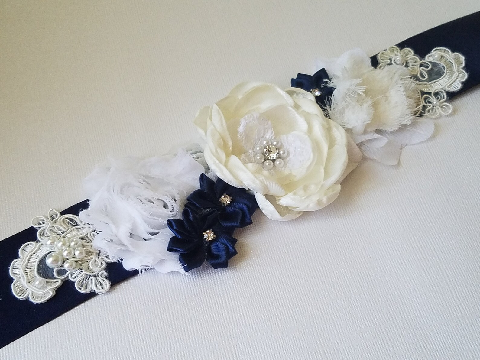 Navy Blue White Wedding Sash Floral Rustic Flower Sash | Etsy