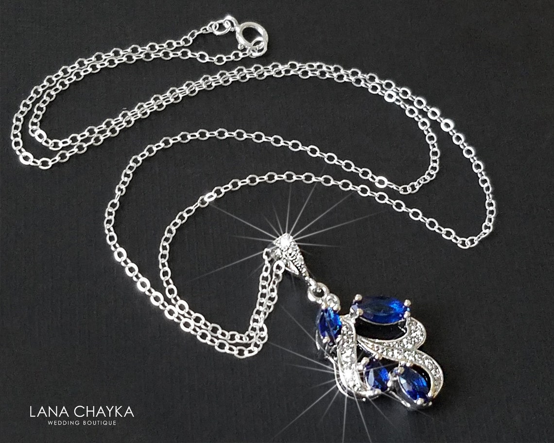 Navy Blue Crystal Necklace Sapphire Silver Floral Pendant - Etsy
