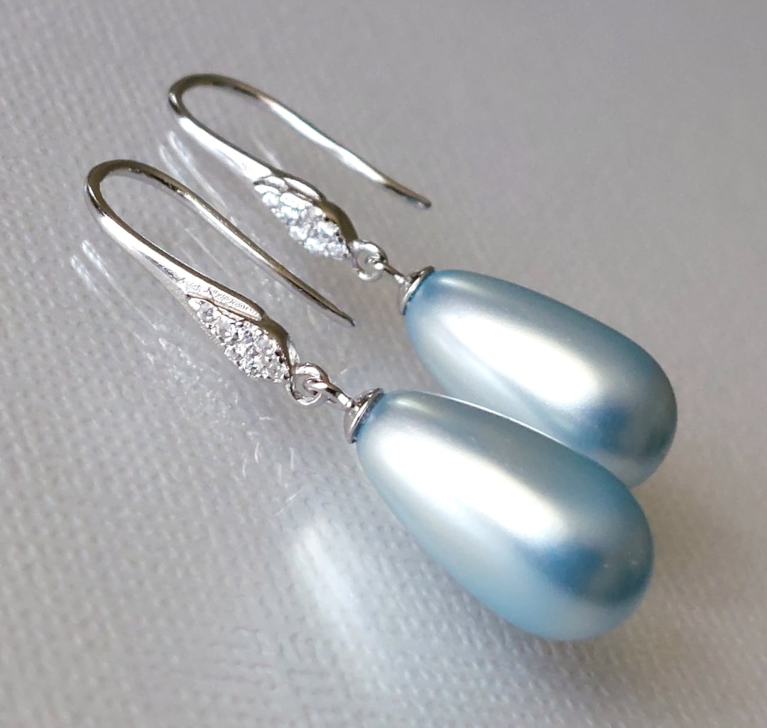 Blue Pearl Teardrop Earrings, Light Blue Pearl Wedding Earrings, Blush ...
