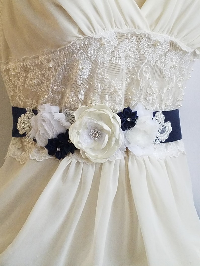 Navy Blue White Wedding Sash Floral Rustic Flower Sash | Etsy