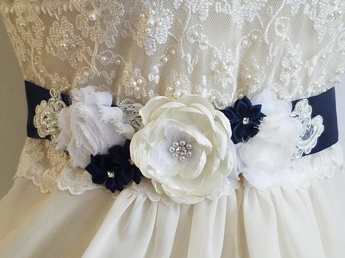 Navy Blue White Wedding Sash Floral Rustic Flower Sash | Etsy
