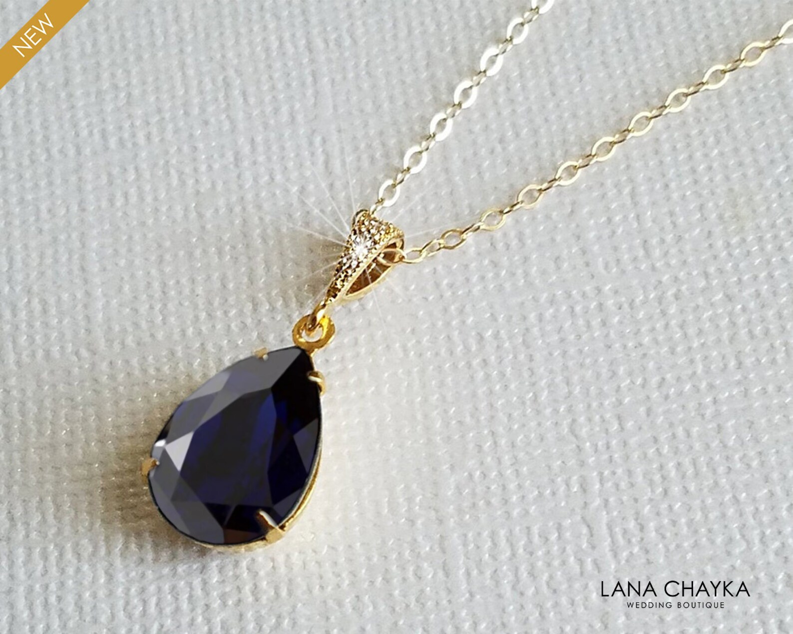 Navy Blue Gold Crystal Necklace Dark Indigo Gold Teardrop - Etsy