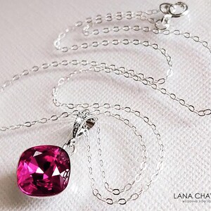 Fuchsia Crystal Necklace, Hot Pink Square Silver Pendant, Dark Pink ...
