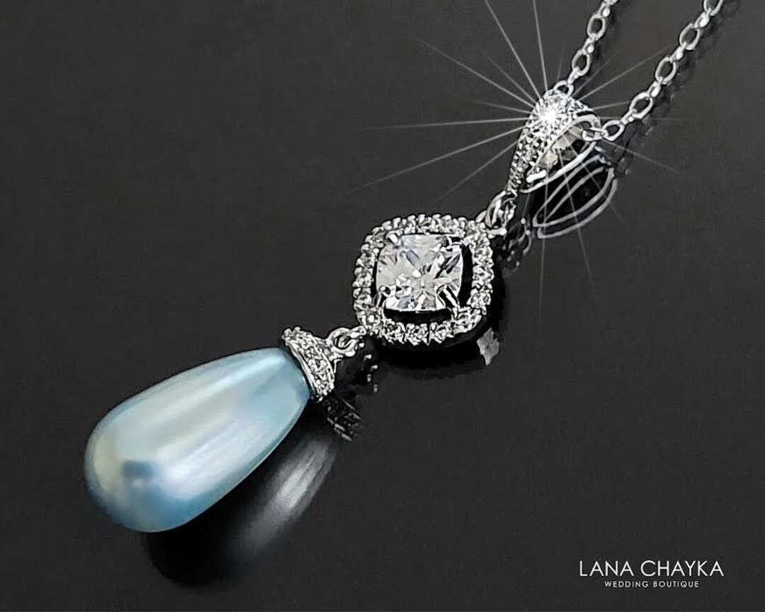 Light Blue Pearl Necklace, Blush Blue Teardrop Bridal Necklace, Blue ...