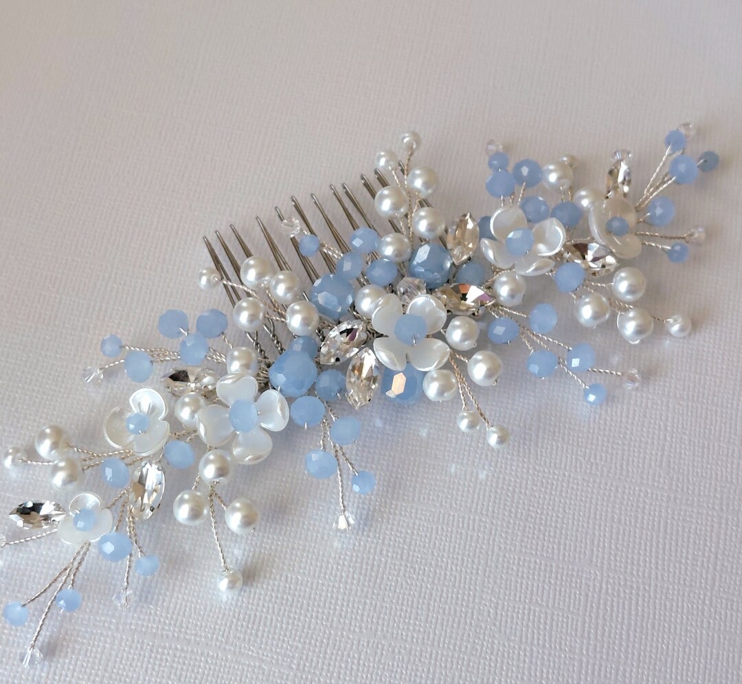 Dusty Blue Hair Comb, Blue Crystal Bridal Side Hair Comb, Blue White ...