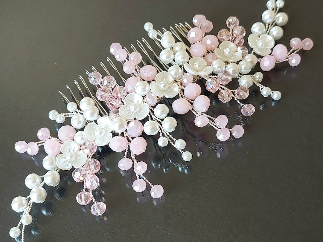 Blush Pink Bridal Hair Comb, Light Pink White Hair Piece, Pink Side ...