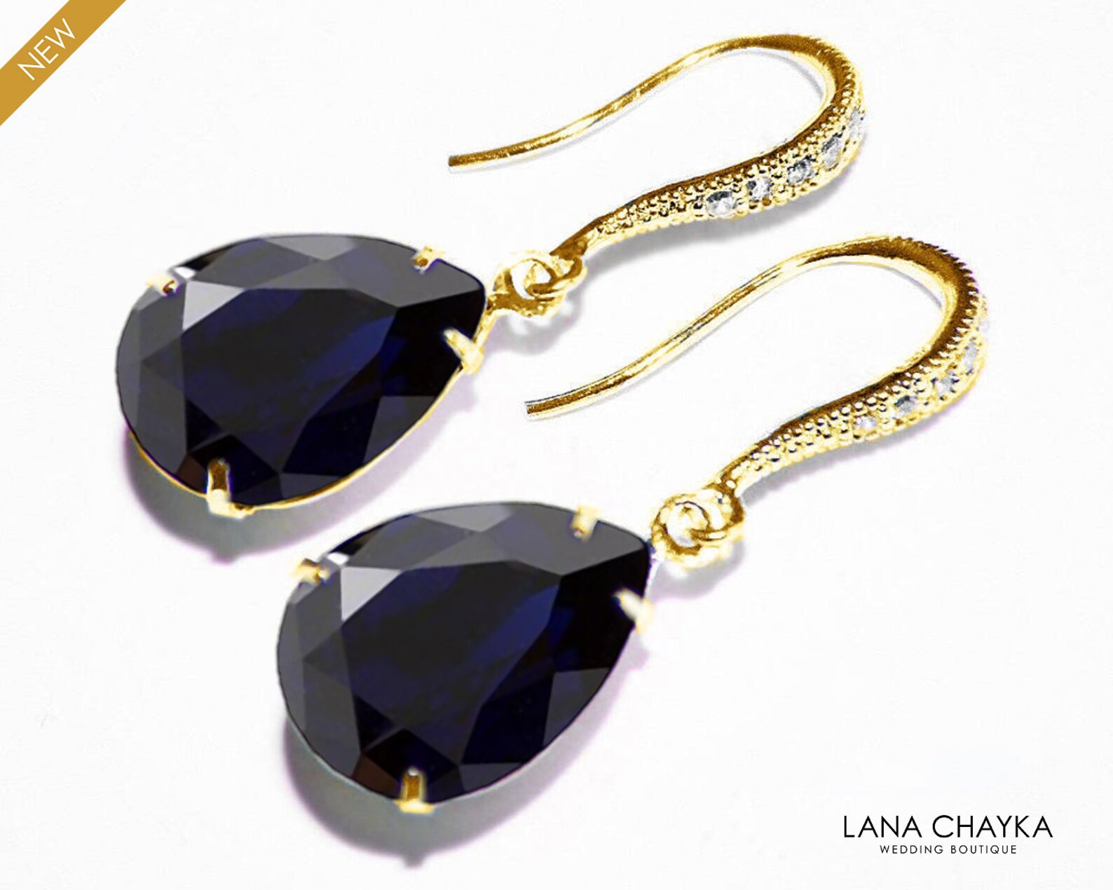 Navy Blue Gold Crystal Necklace Dark Indigo Gold Teardrop - Etsy