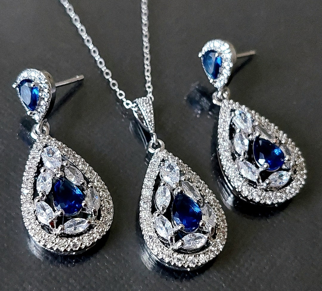 Navy Blue Crystal Jewelry Set, Blue CZ Earrings Necklace Bridal Set ...