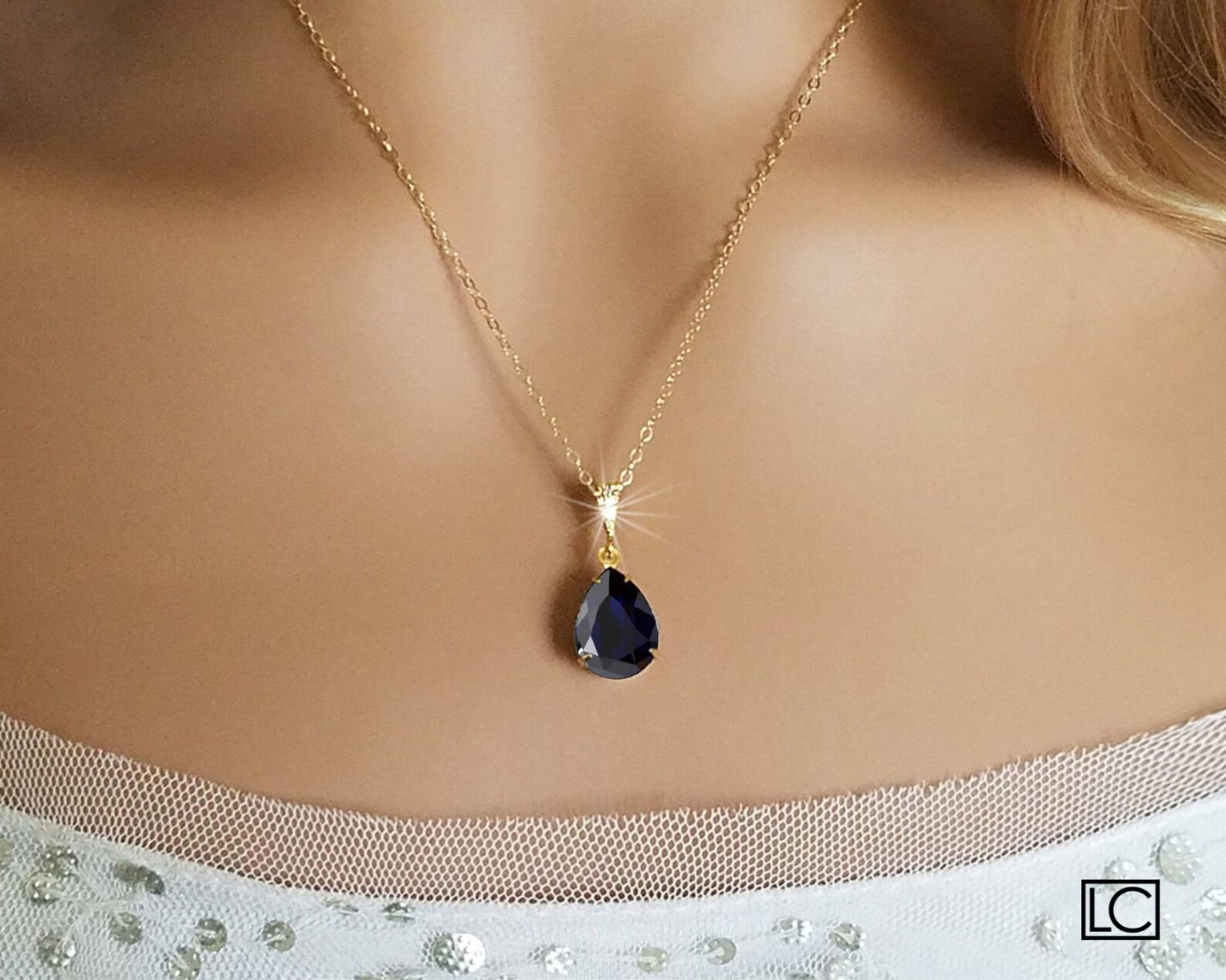 Navy Blue Gold Crystal Necklace Dark Indigo Gold Teardrop - Etsy