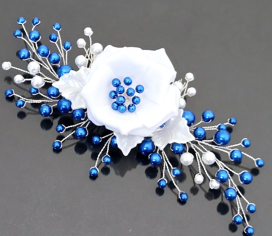 Blue Pearl Wedding Hair Comb, Blue White Bridal Hair Piece, Blue Side ...