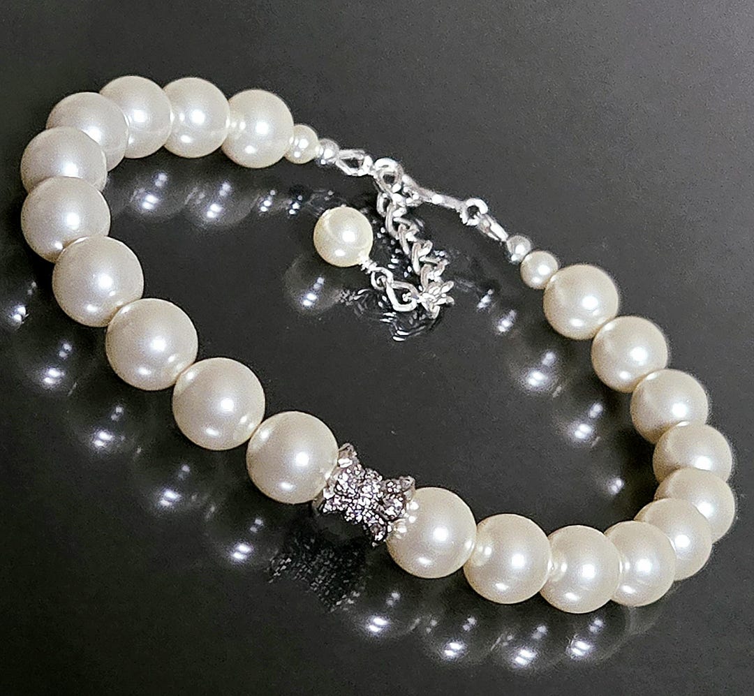 Ivory Pearl Silver One Row Wedding Bracelet: 7.50" Cream Pearls Bridal ...