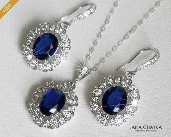 Navy Blue Crystal Bridal Jewelry Set Sapphire Blue Silver | Etsy