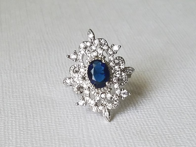 Navy Blue Cubic Zirconia Ring Rhodium Plated Dark Blue - Etsy