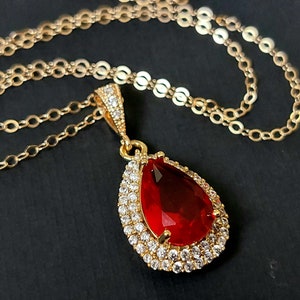 Red Crystal Gold Halo Necklace, Red Teardrop Wedding Pendant, Red ...