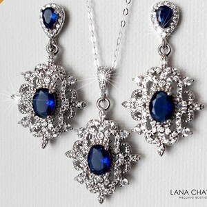 Navy Blue Jewelry Set, Wedding Victorian Earrings Necklace Set, Navy ...