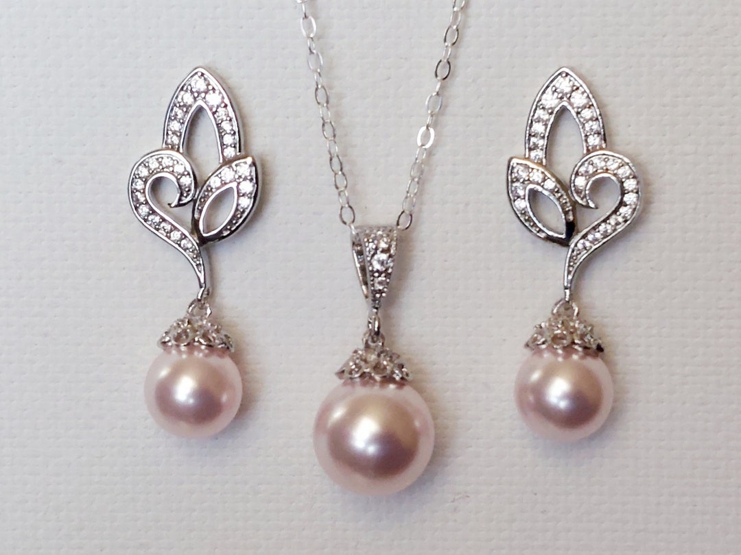 Pink Pearl Bridal Jewelry Set, Blush Pink Pearl Earrings Necklace Set ...