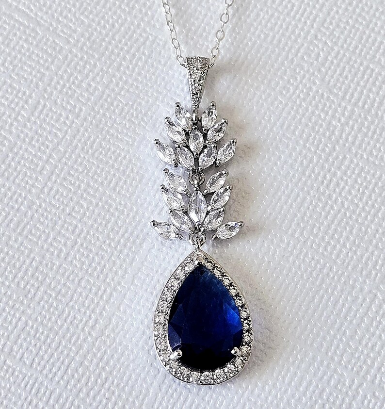 Navy Blue Crystal CZ Teardrop Wedding Necklace, Sapphire Silver Bridal ...