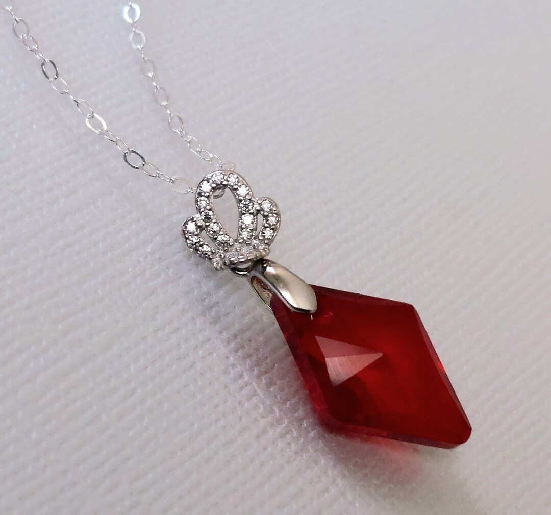 Red Crystal Necklace, Red Rhombus Silver Necklace, Wedding Red Pendant ...