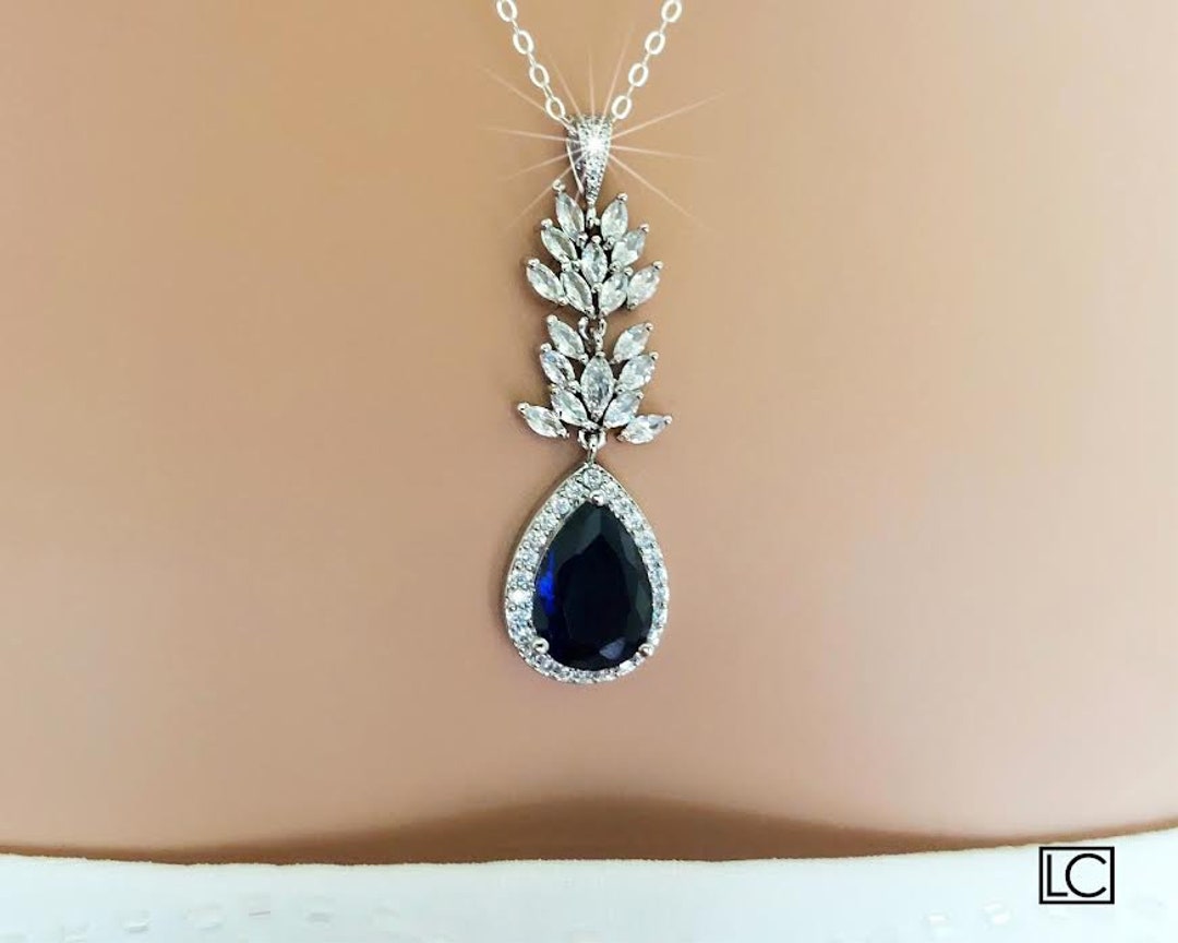 Navy Blue Crystal Wedding Necklace, Sapphire Blue Teardrop Pendant ...