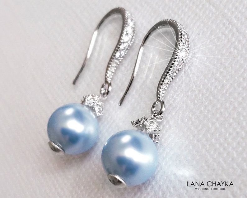 Light Blue Pearl Earrings Blue Pearl Drop Silver CZ Earrings - Etsy