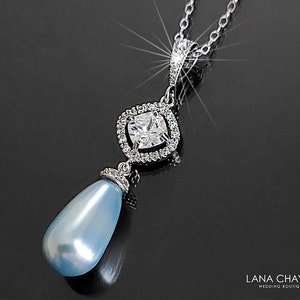 Light Blue Pearl Necklace, Blush Blue Teardrop Bridal Necklace, Blue ...