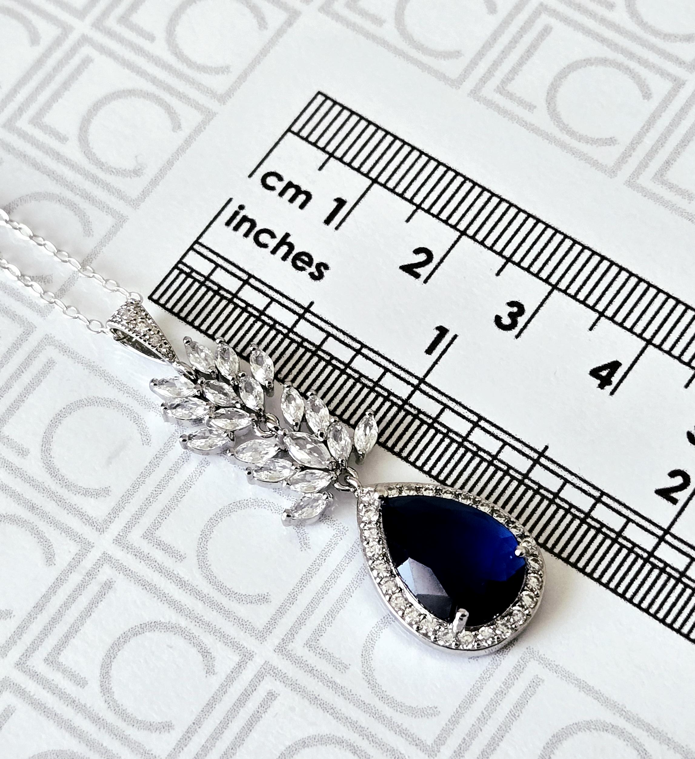 Navy Blue Crystal CZ Teardrop Wedding Necklace, Sapphire Silver Bridal ...