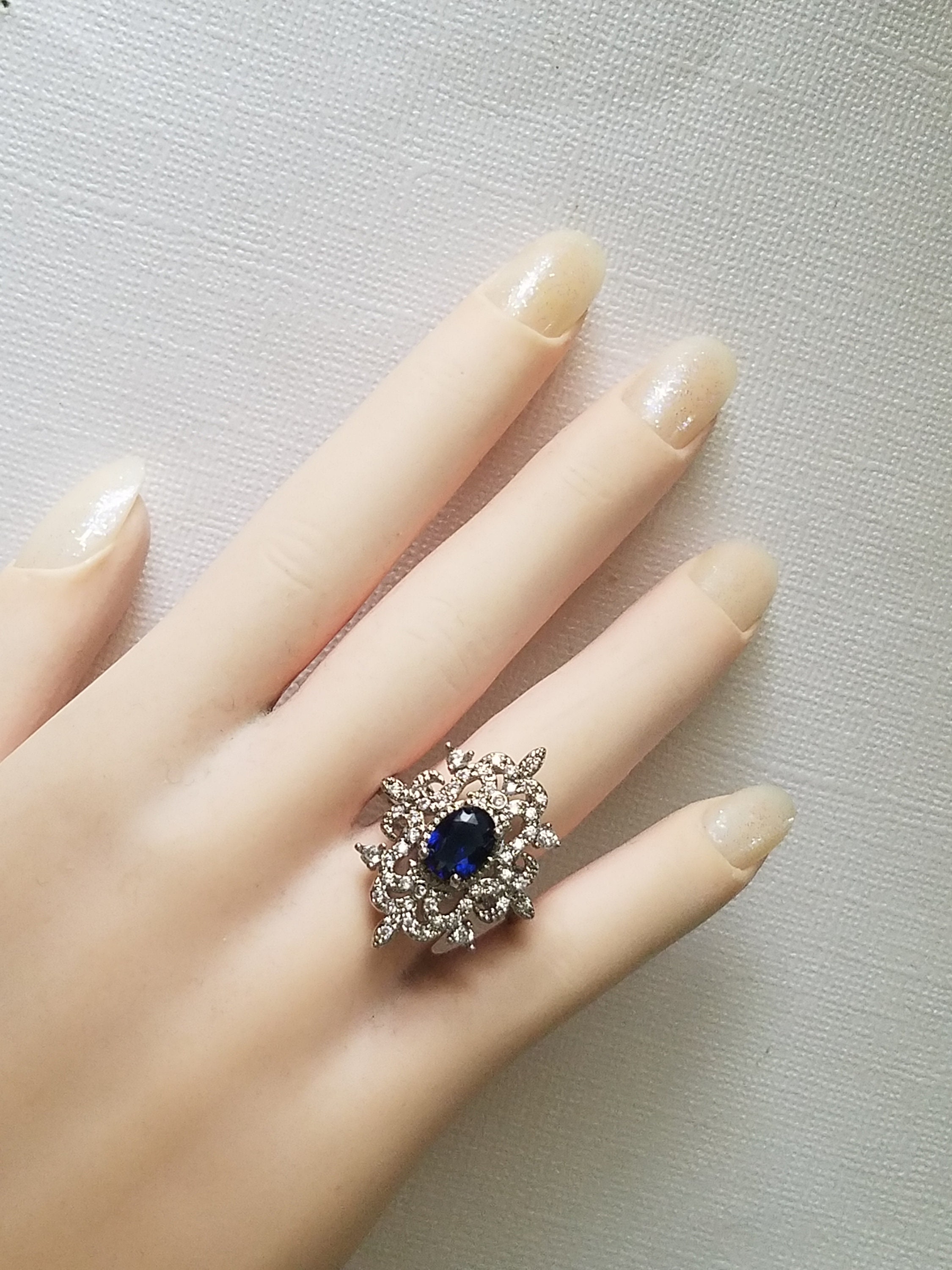 Navy Blue Cubic Zirconia Ring Rhodium Plated Dark Blue | Etsy