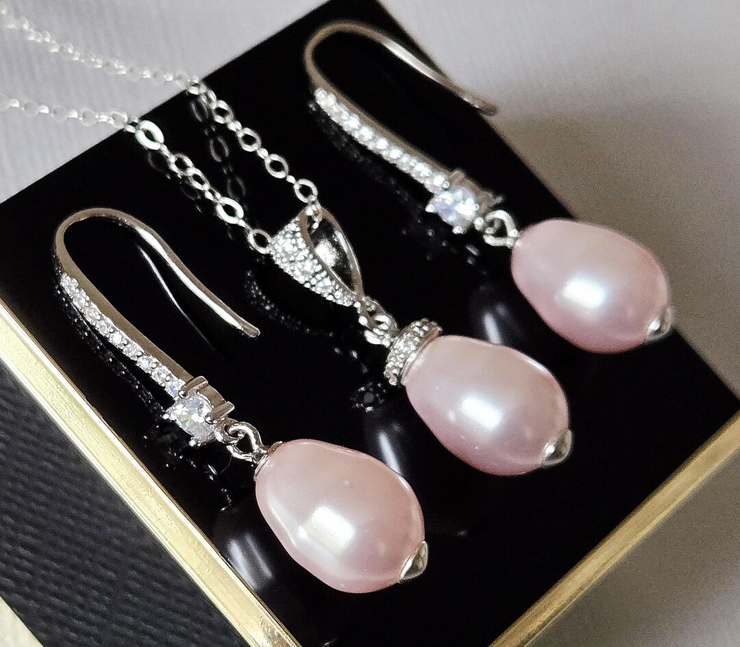 Blush Pink Pearl Jewelry Set, Light Pink Earrings Set, Pink Teardrop ...