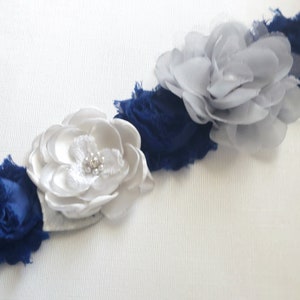 White Royal Blue Gray Wedding Sash, Dark Blue White Light Grey Satin ...