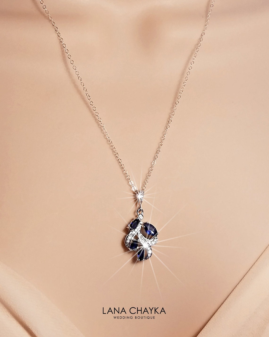 Navy Blue Crystal Necklace Sapphire Silver Floral Pendant - Etsy