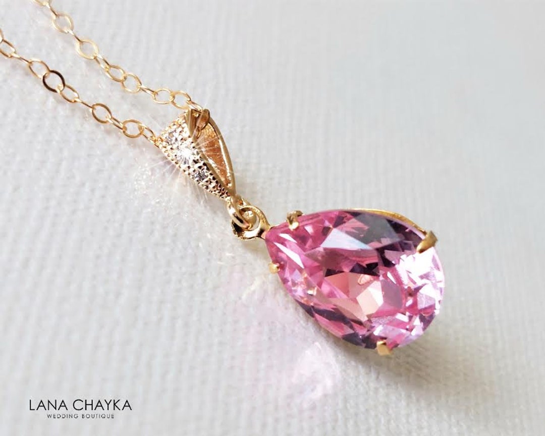 Light Pink Gold Crystal Necklace, Blush Pink Teardrop Crystal Pendant ...