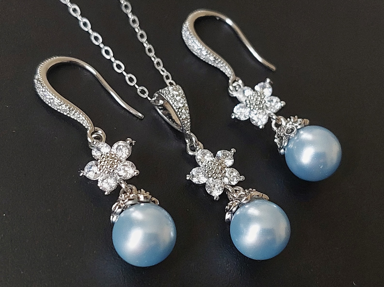 Blue Pearl Jewelry Set Light Blue Pearl Silver Set Blue | Etsy